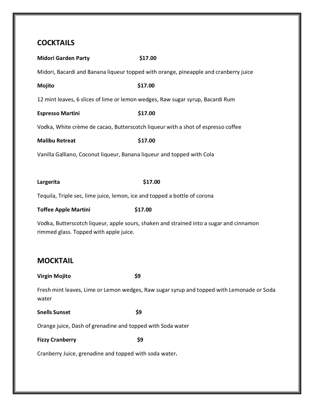 DRINKS MENU Salty Dog Inn